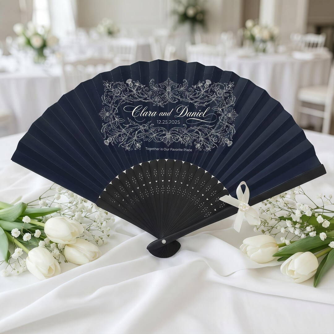 Custom Name Wedding Fan Navy Blue Floral Hand Fan Elegant Ceremony ...
