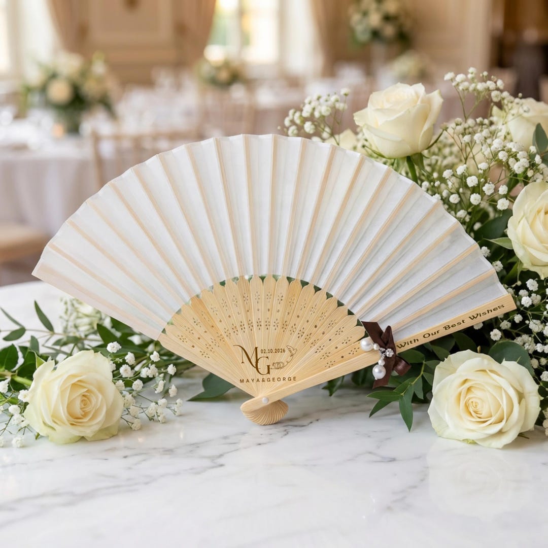 Personalized Silk Wedding Fan – Bamboo Handle, Elegant Favor With Bow ...