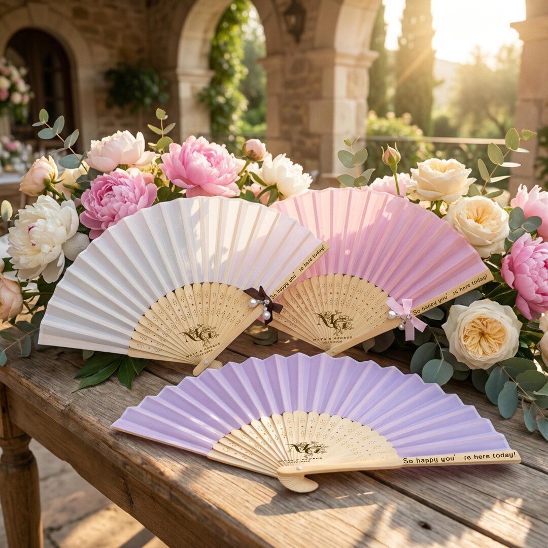 Personalized Silk Wedding Fan for Guests, Custom Engraved Bamboo Hand ...
