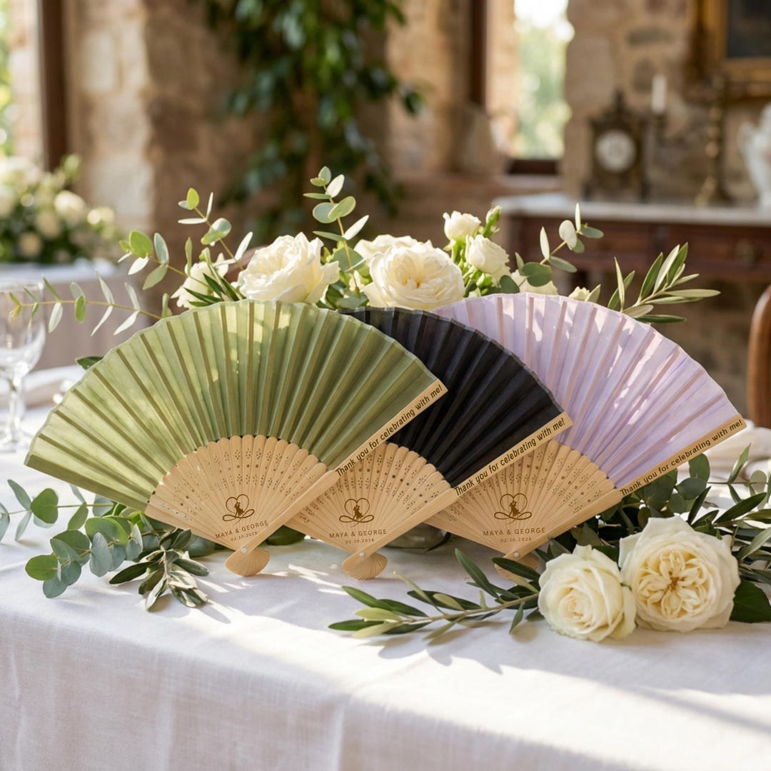 Custom Wedding Fan – Silk Hand Fan for Guests | Personalized Folding ...