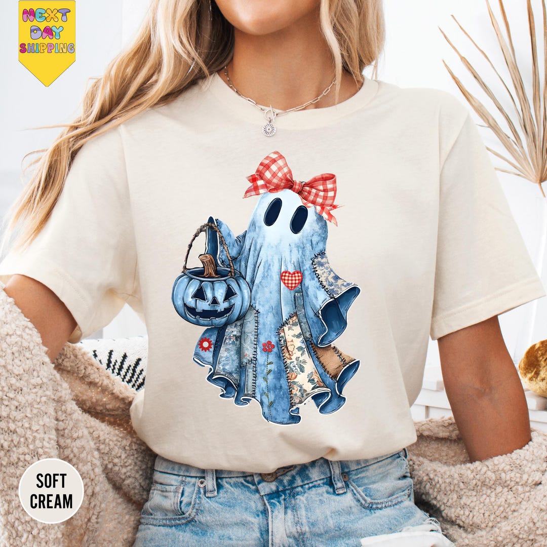 Retro Halloween Blue Denim Ghost Shirt, Trendy Patchwork Spooky Ghost ...