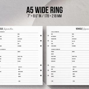 Vehicle Information Log, Printable Car Info Sheet, Minimalist Insert ...