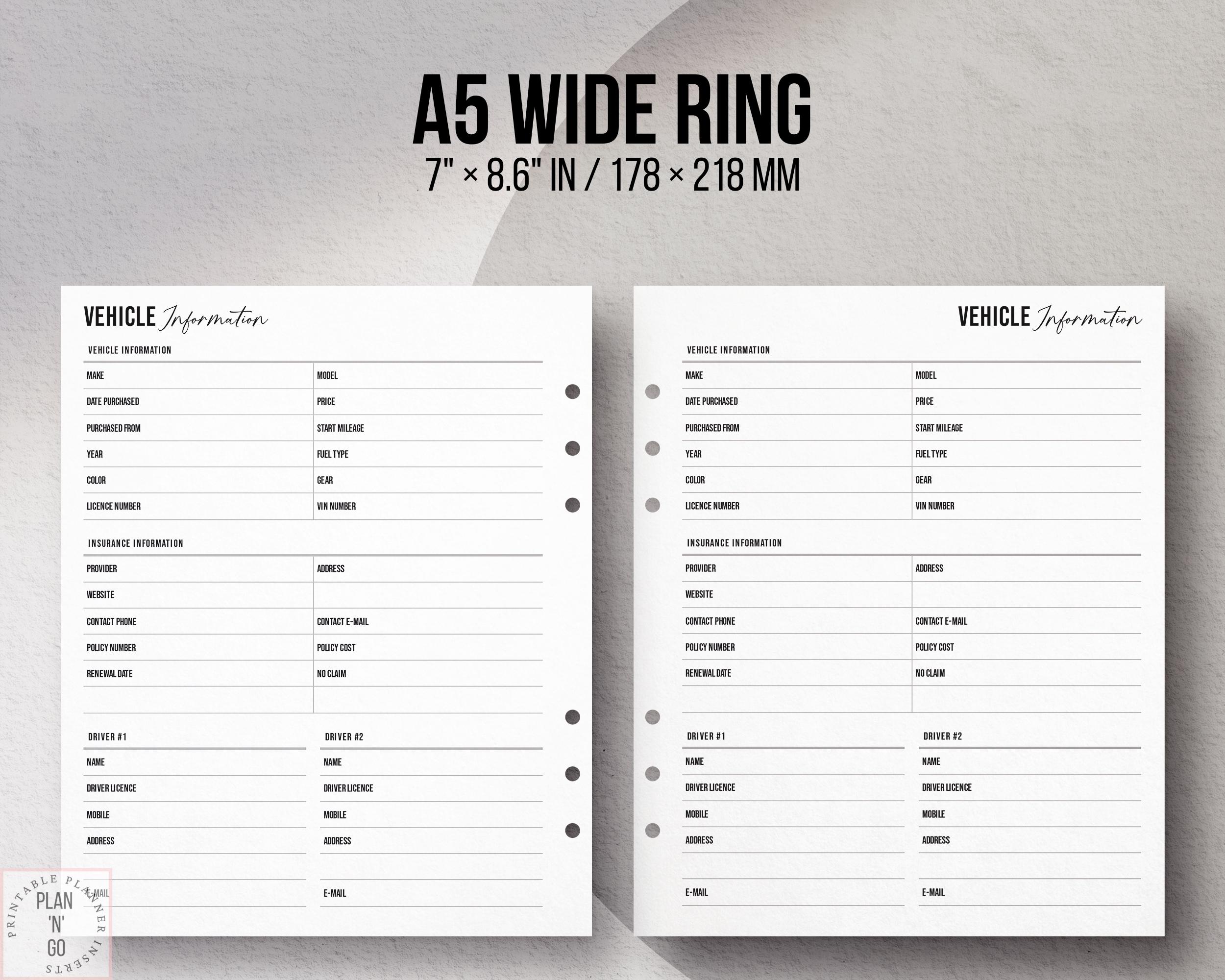 Vehicle Information Log, Printable Car Info Sheet, Minimalist Insert ...