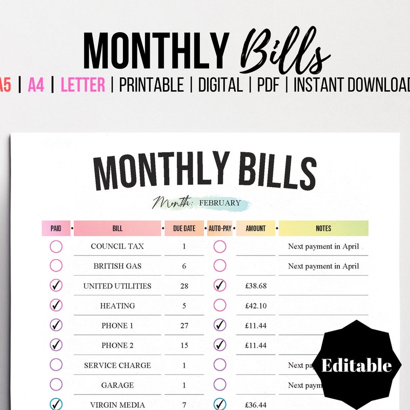 Bill List Template - Etsy