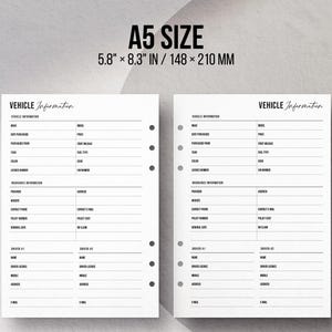 Vehicle Information Log, Printable Car Info Sheet, Minimalist Insert ...