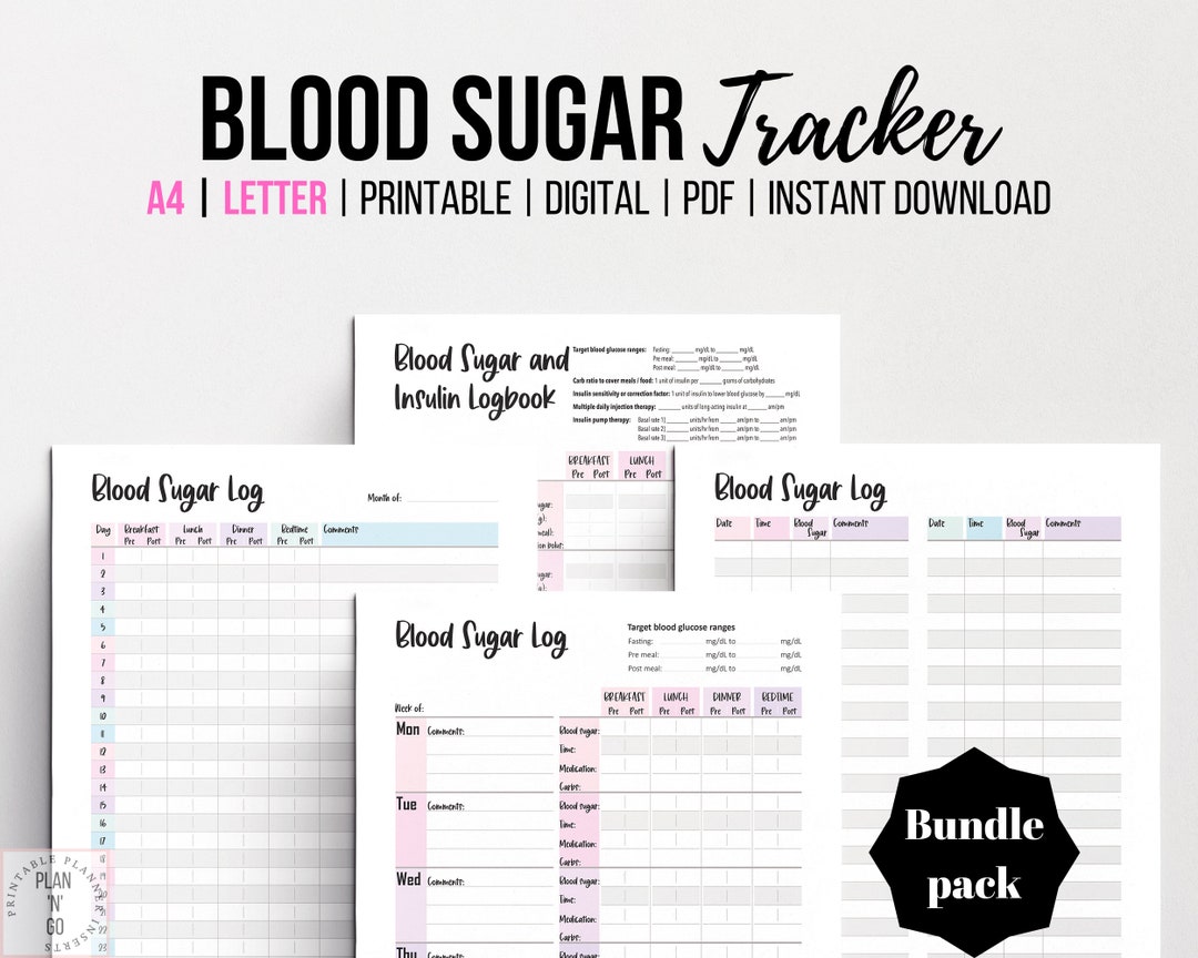 Blood Sugar Log, Printable Blood Sugar Tracker, Bundle of 4, Health ...