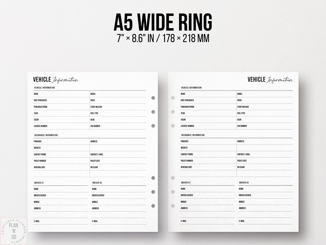 Vehicle Information Log, Printable Car Info Sheet, Minimalist Insert ...