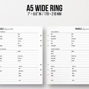 Vehicle Information Log, Printable Car Info Sheet, Minimalist Insert ...