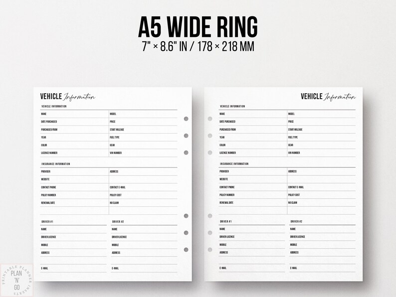 Vehicle Information Log, Printable Car Info Sheet, Minimalist Insert ...