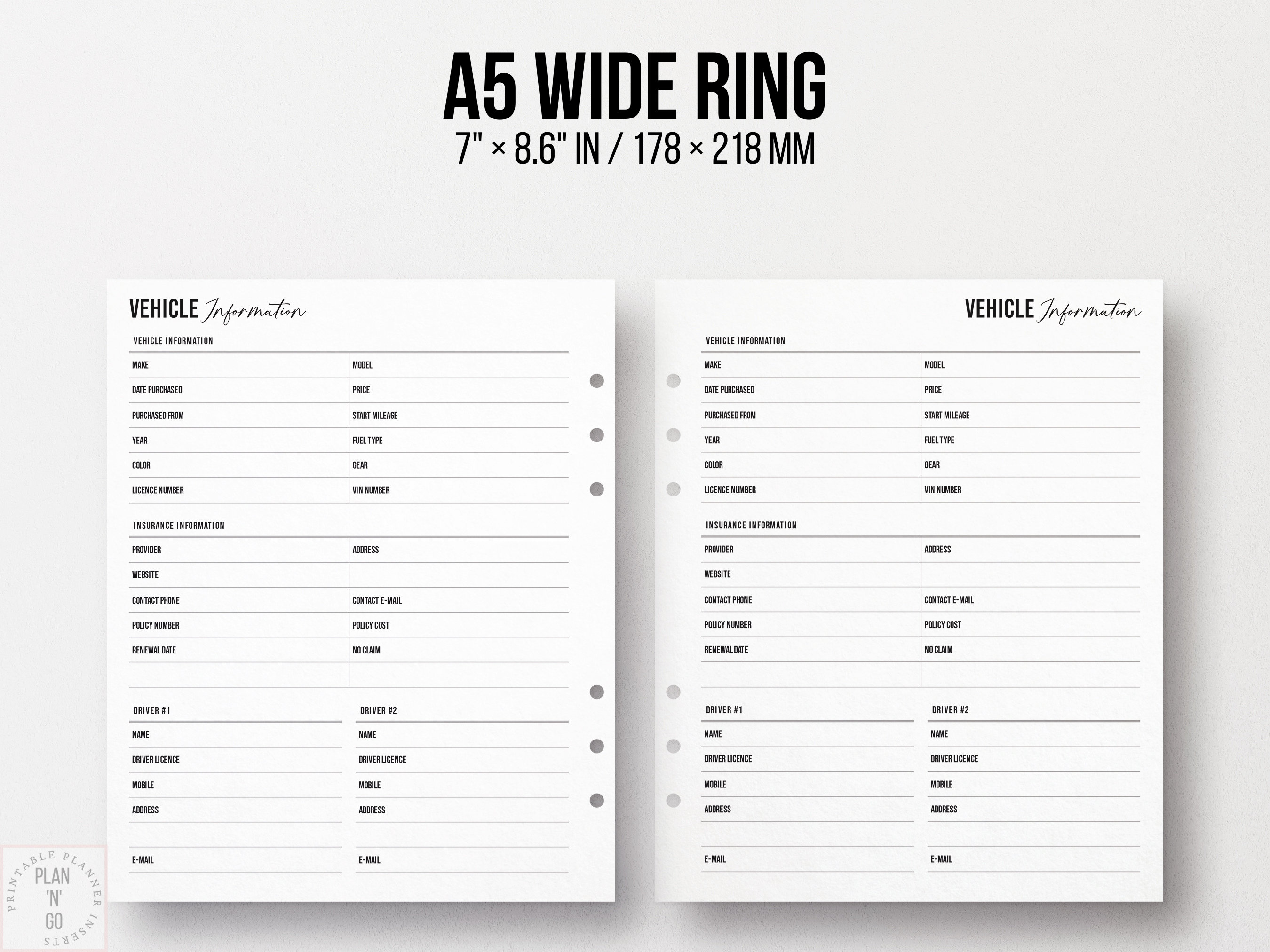 Vehicle Information Log, Printable Car Info Sheet, Minimalist Insert ...