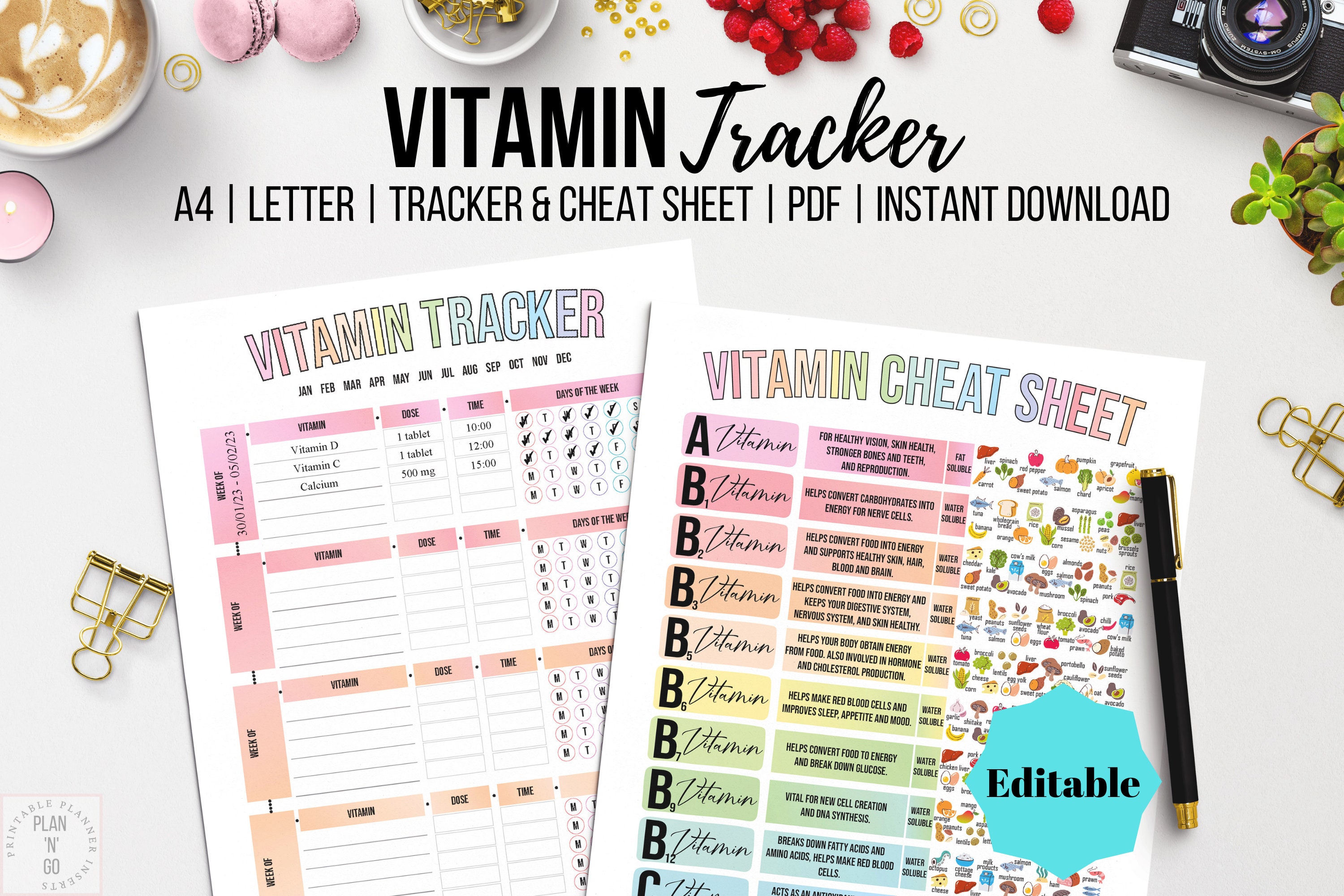 Editable Vitamin Tracker Printable Vitamin Cheat Sheet - Etsy