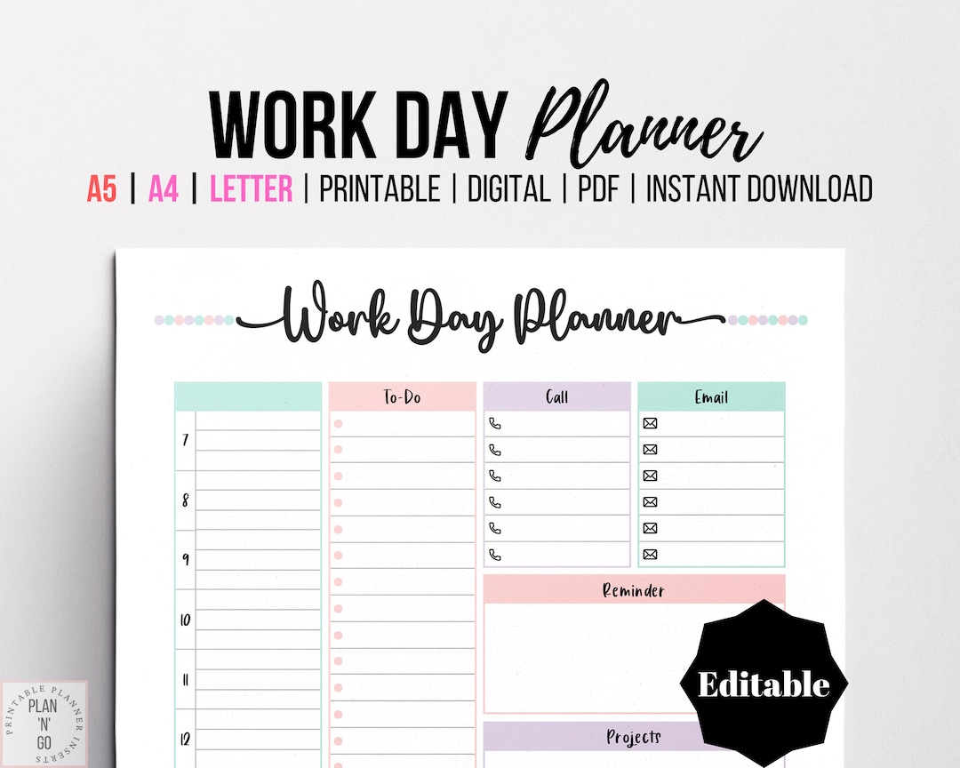 Work Planner, Work Day Organizer, Office Planner, Editable Daily ...