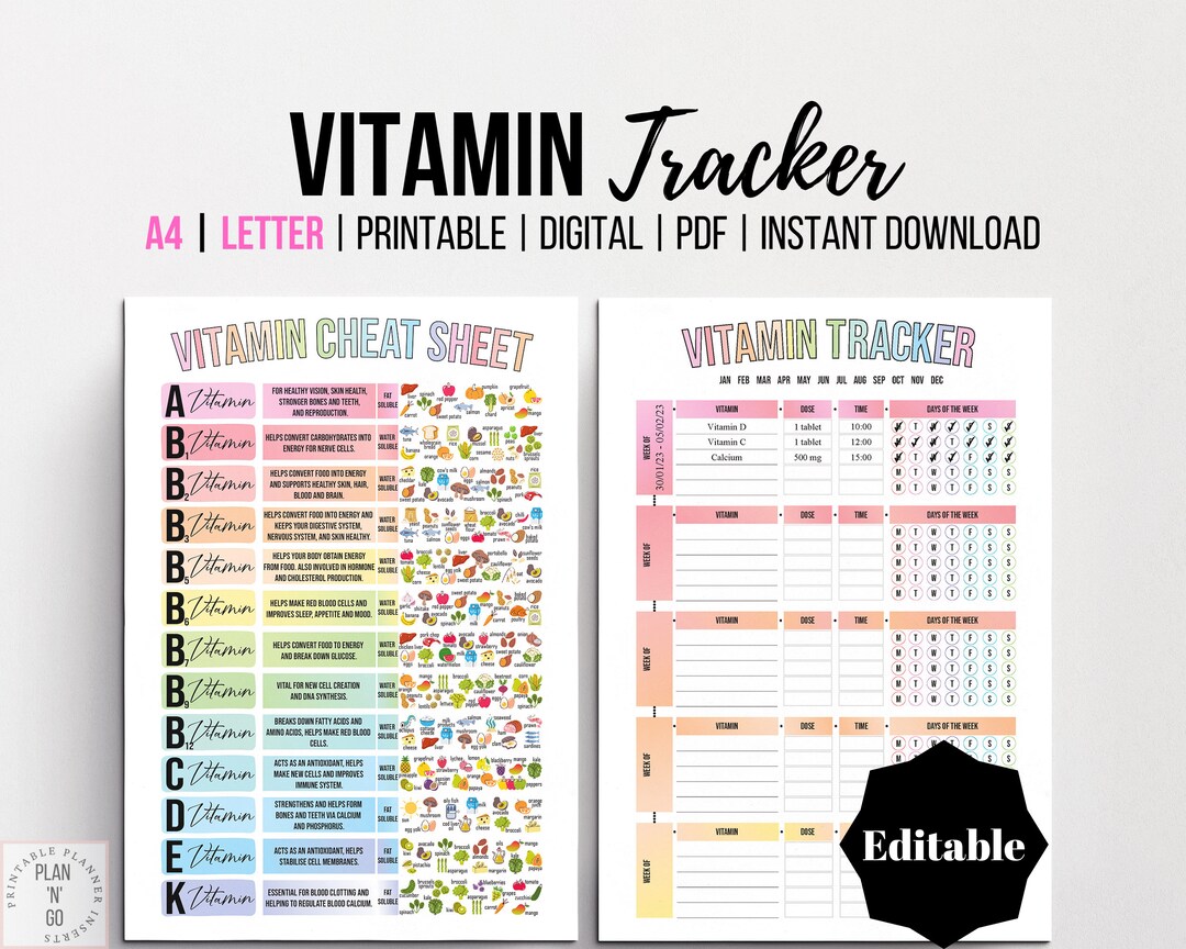 Editable Vitamin Tracker, Printable Vitamin Cheat Sheet, Health Tracker ...