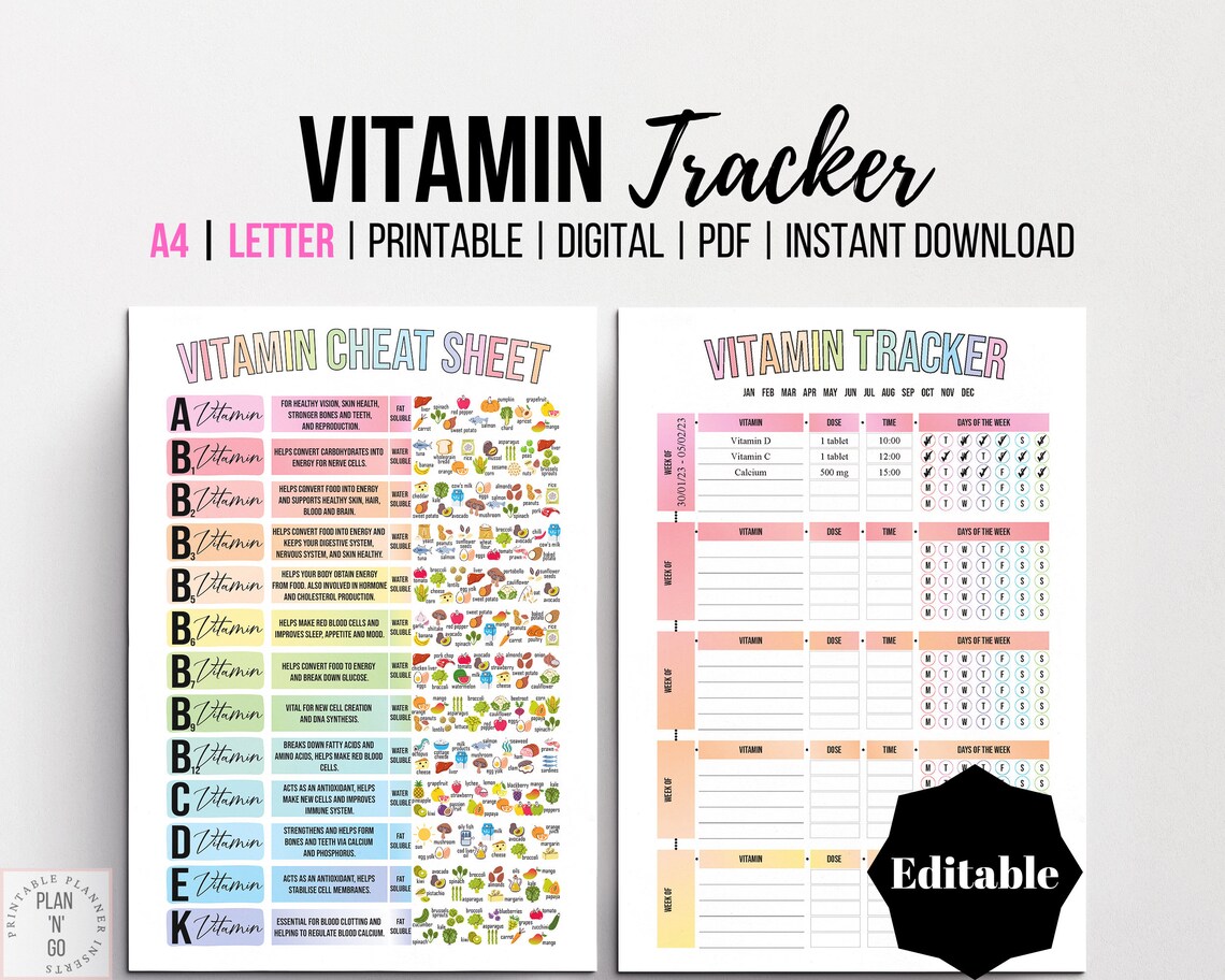 Editable Vitamin Tracker, Printable Vitamin Cheat Sheet, Health Tracker ...