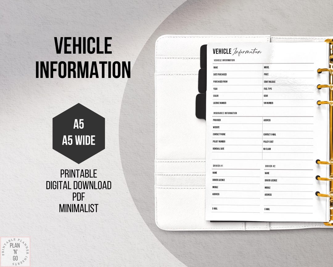 Vehicle Information Log, Printable Car Info Sheet, Minimalist Insert ...