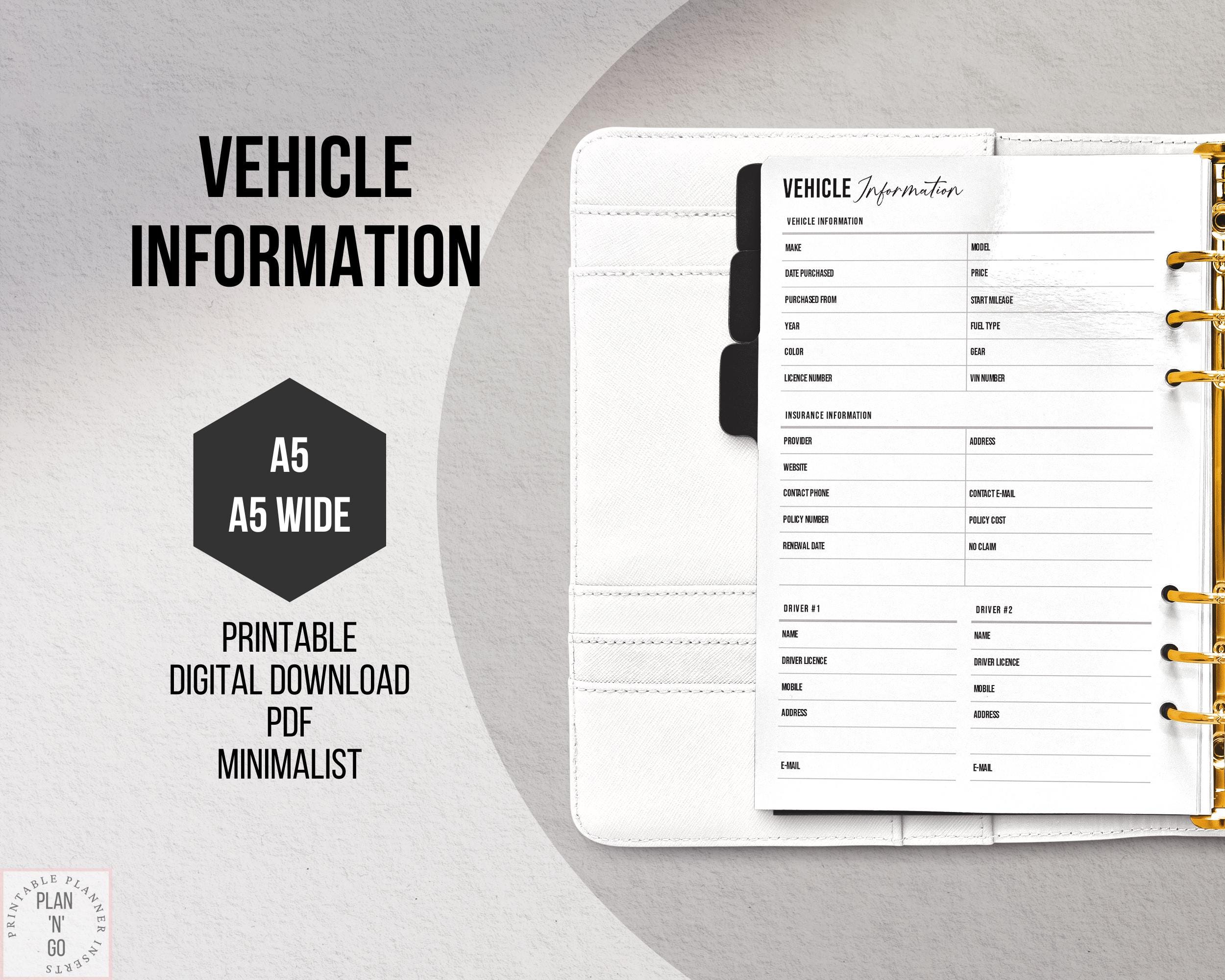 Vehicle Information Log, Printable Car Info Sheet, Minimalist Insert ...