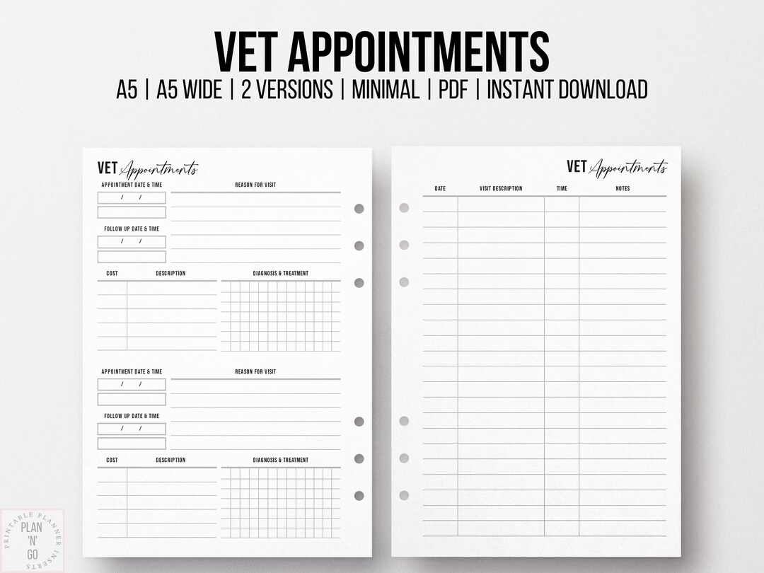 Vet Appointment Tracker, Printable Vet Visit, Pet Information ...