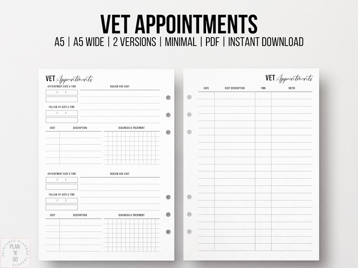 Vet Appointment Tracker, Printable Vet Visit, Pet Information ...