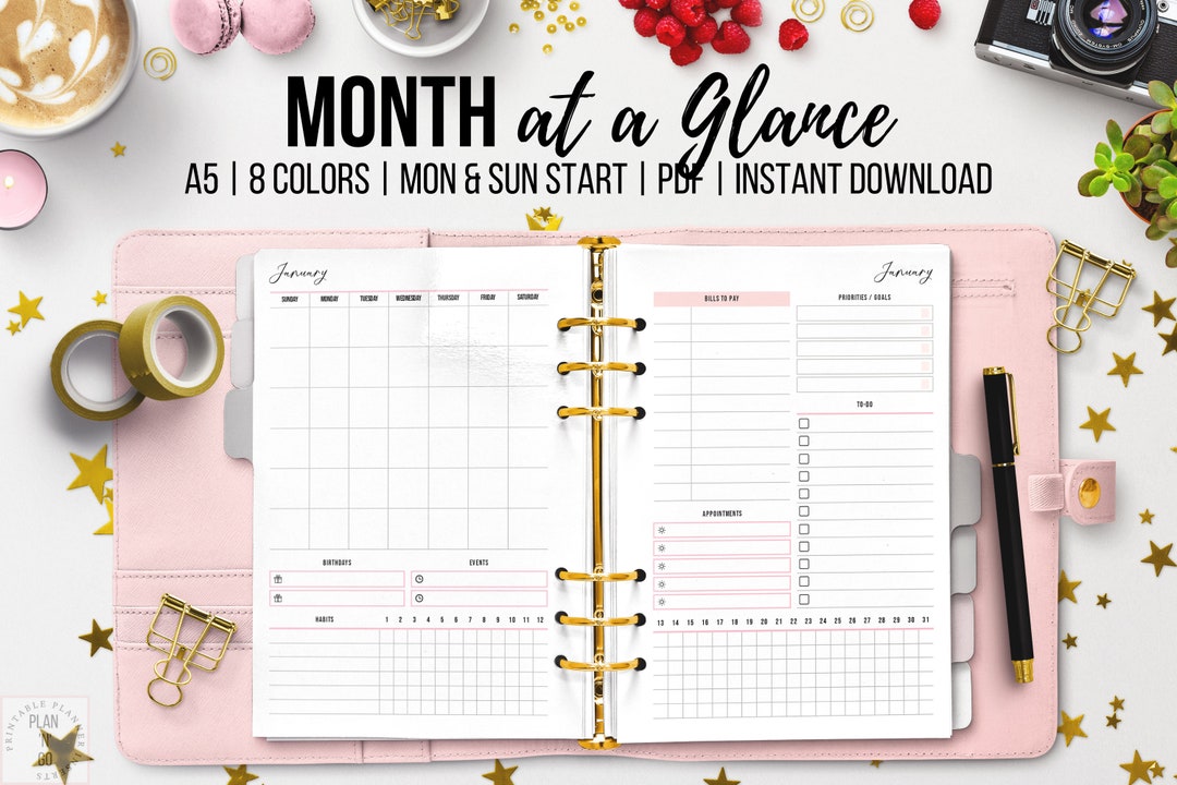 Month at a Glance Printable Monthly Undated Calendar Bill - Etsy