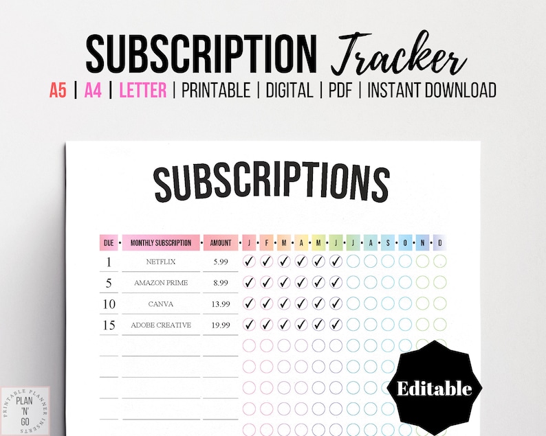 Editable Subscription Tracker, Monthly, Quarterly, Yearly Subscription ...