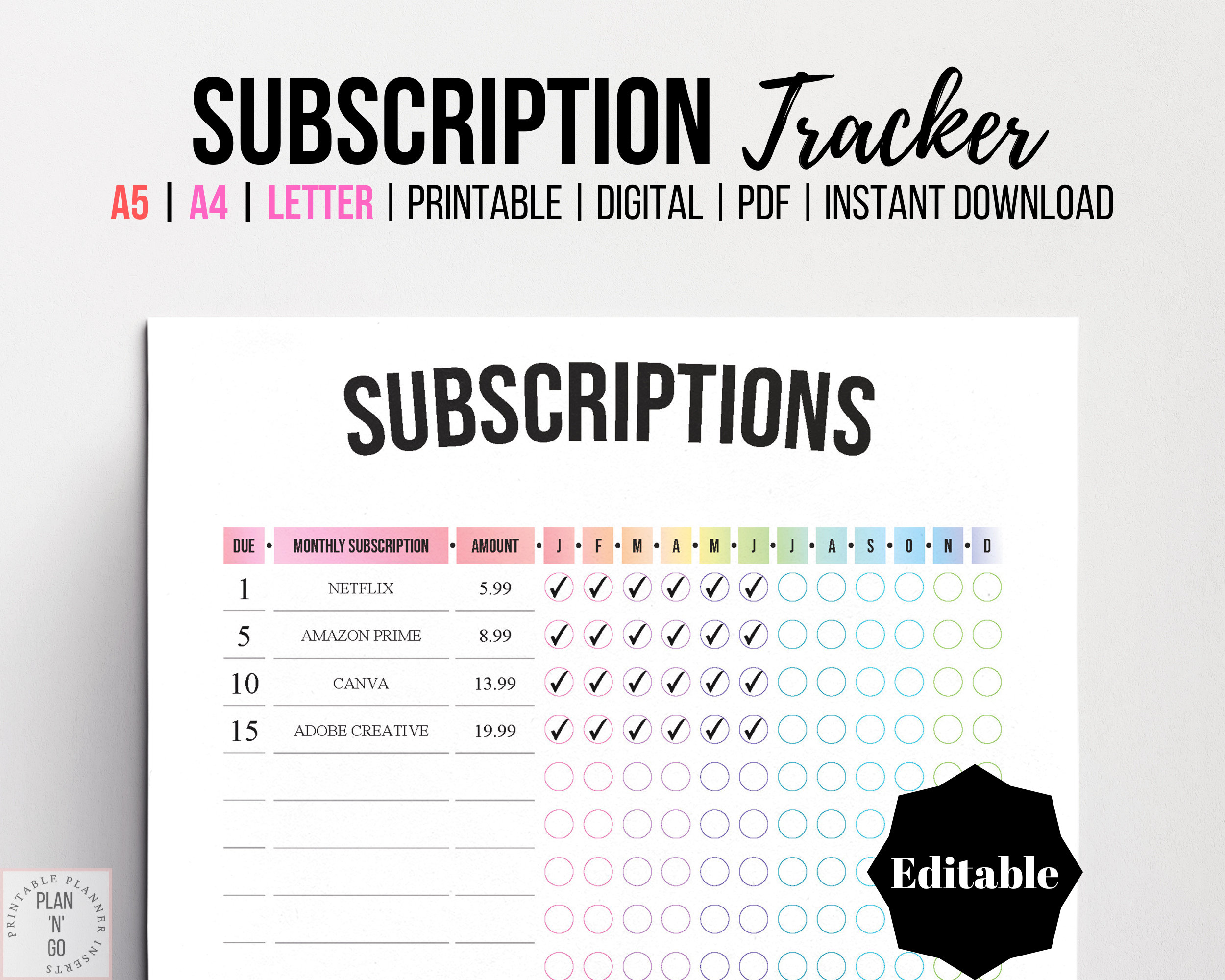 Editable Subscription Tracker, Monthly, Quarterly, Yearly Subscription ...