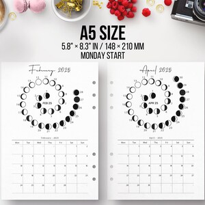 2025 Moon Calendar, Printable Monthly Planner, Sunday & Monday Start ...