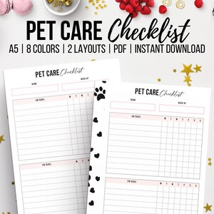 Pet Care Checklist Printable Dog Care Chart Cat Welfare - Etsy