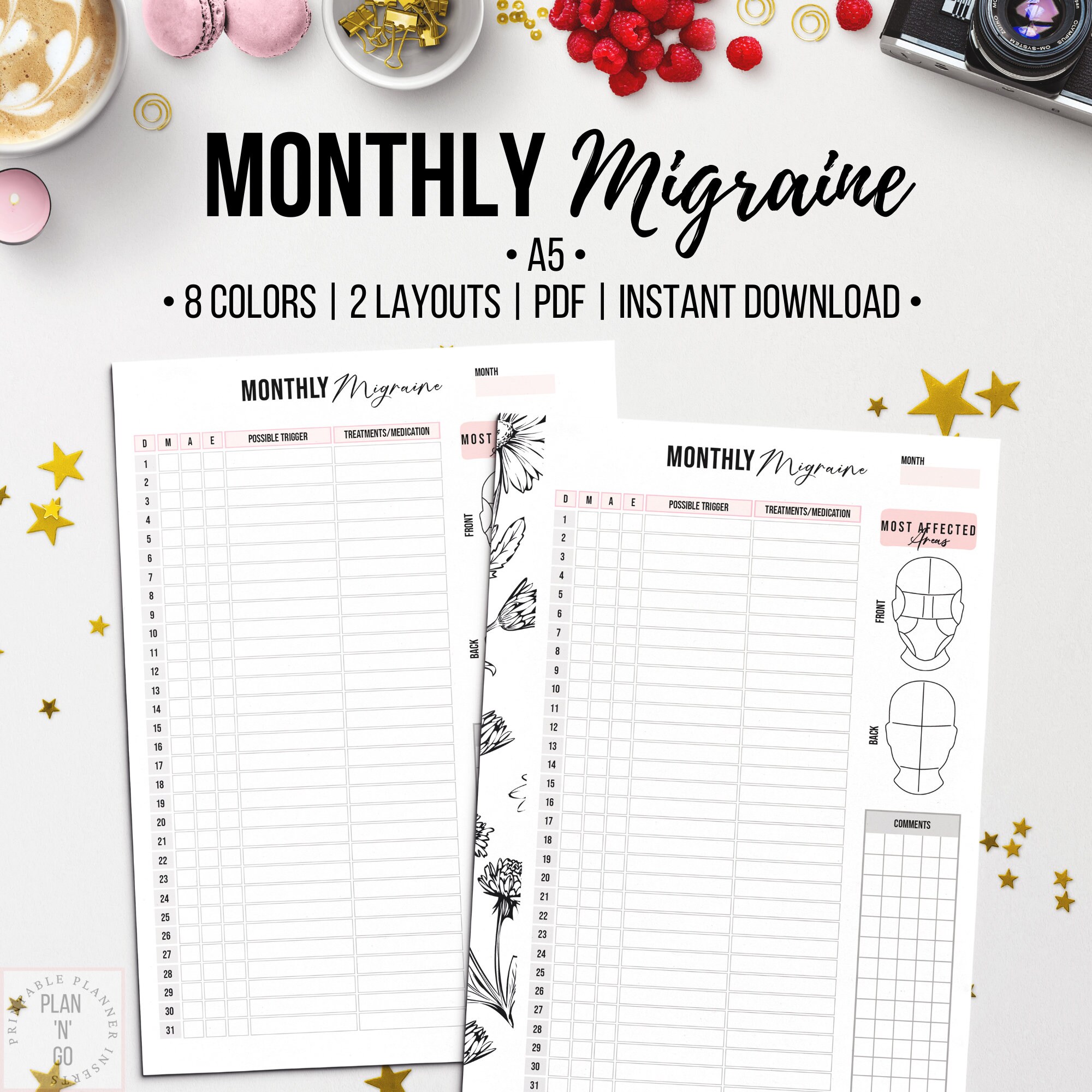 Migraine Tracker Printable Monthly Headache Log Chronic - Etsy