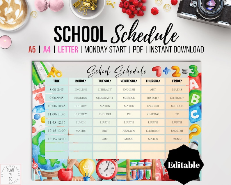 Horario escolar editable para niños, tema de útiles escolares, horario ...
