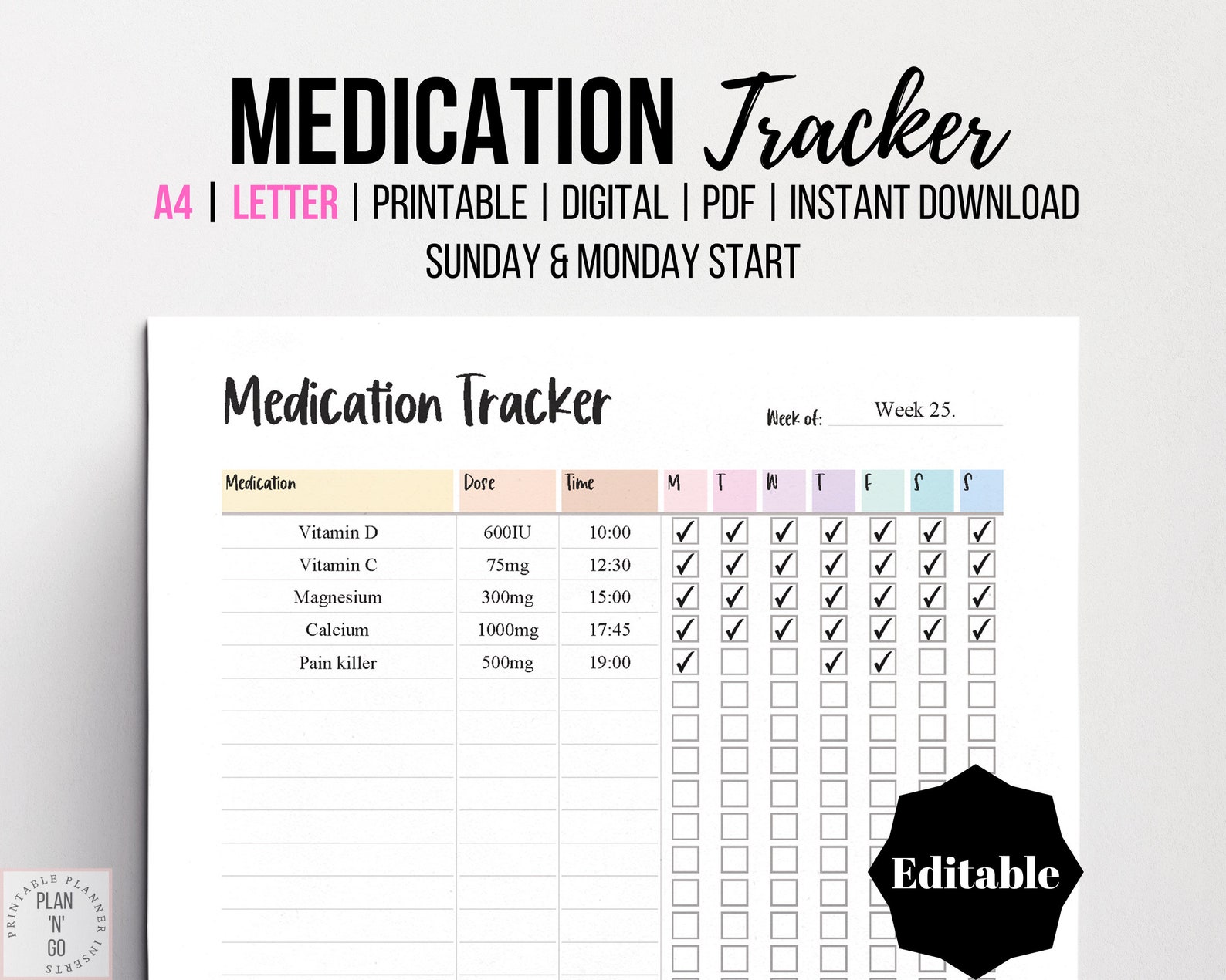 Editable Medication Tracker, Printable Medication Log, Vitamin and ...