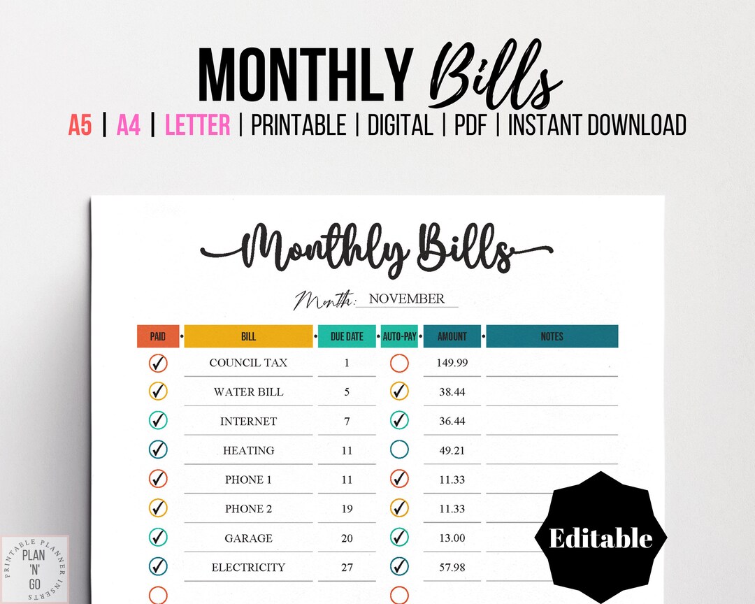 Buy Editable Bill Tracker, Printable Monthly Bill Payment Checklist ...