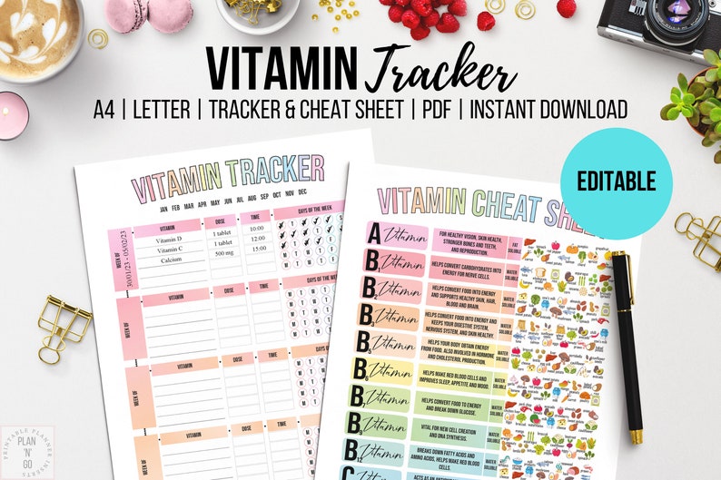 Editable Vitamin Tracker Printable Vitamin Cheat Sheet - Etsy