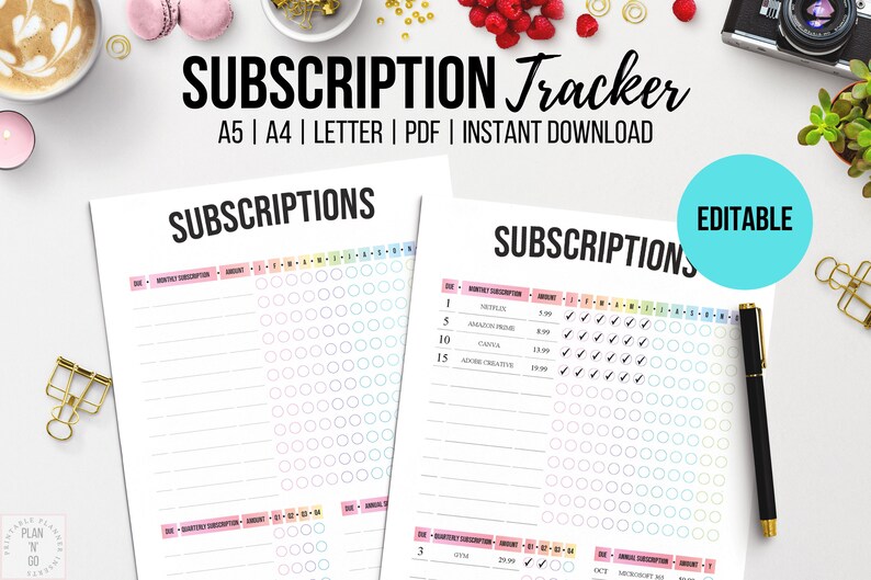 Editable Subscription Tracker Monthly Quarterly Yearly - Etsy