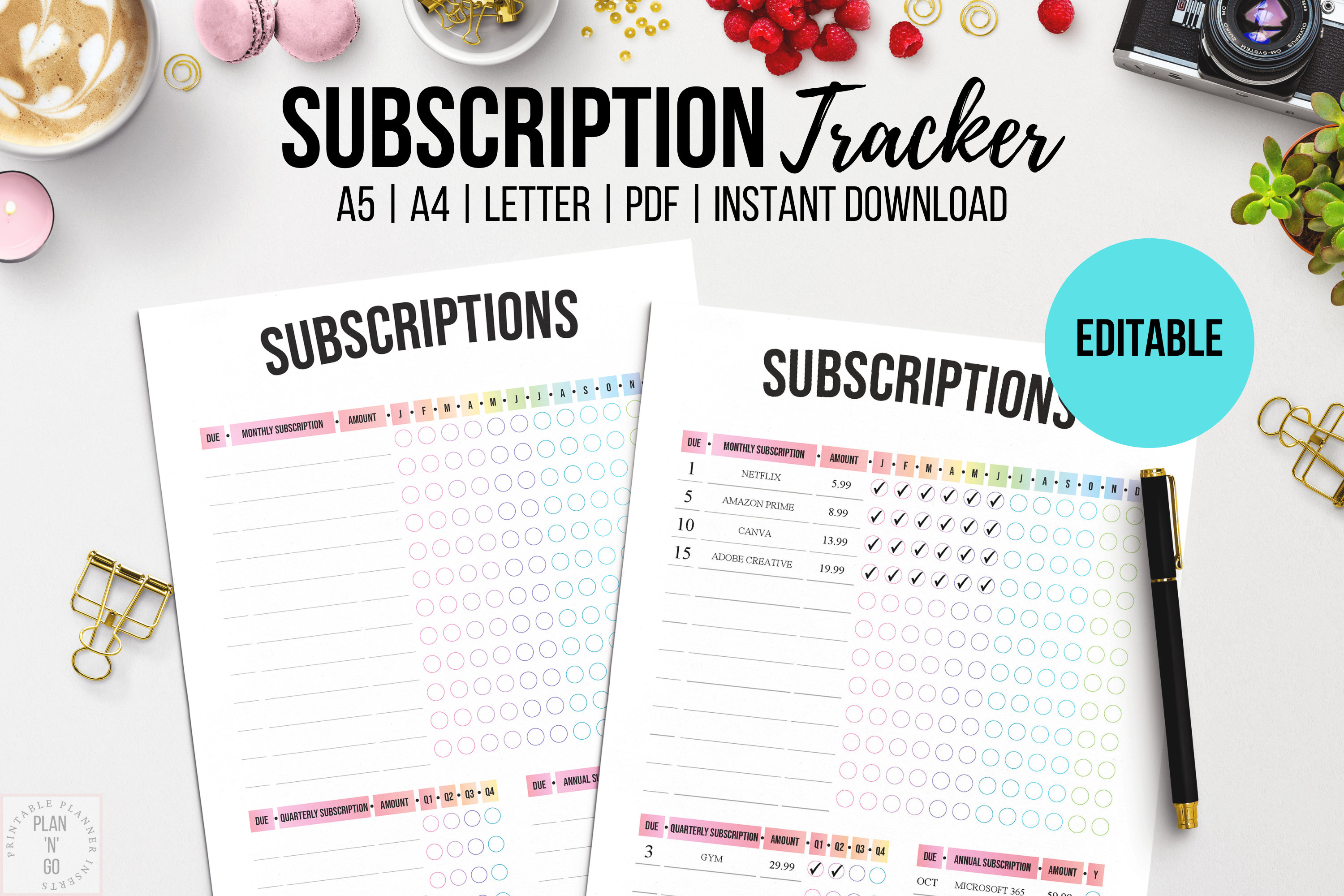 Editable Subscription Tracker Monthly Quarterly Yearly - Etsy