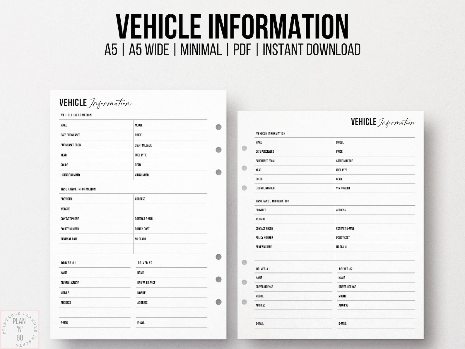 Vehicle Information Log, Printable Car Info Sheet, Minimalist Insert ...