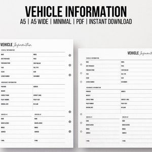 Vehicle Information Log, Printable Car Info Sheet, Minimalist Insert ...