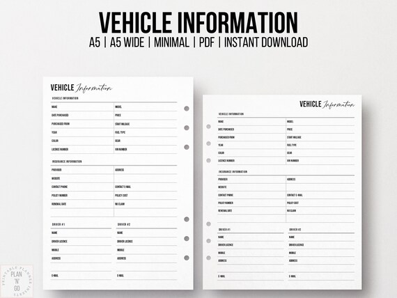 Vehicle Information Log Printable Car Info Sheet Minimalist - Etsy UK