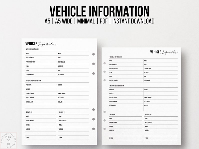 Vehicle Information Log, Printable Car Info Sheet, Minimalist Insert ...