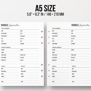 Vehicle Information Log, Printable Car Info Sheet, Minimalist Insert ...