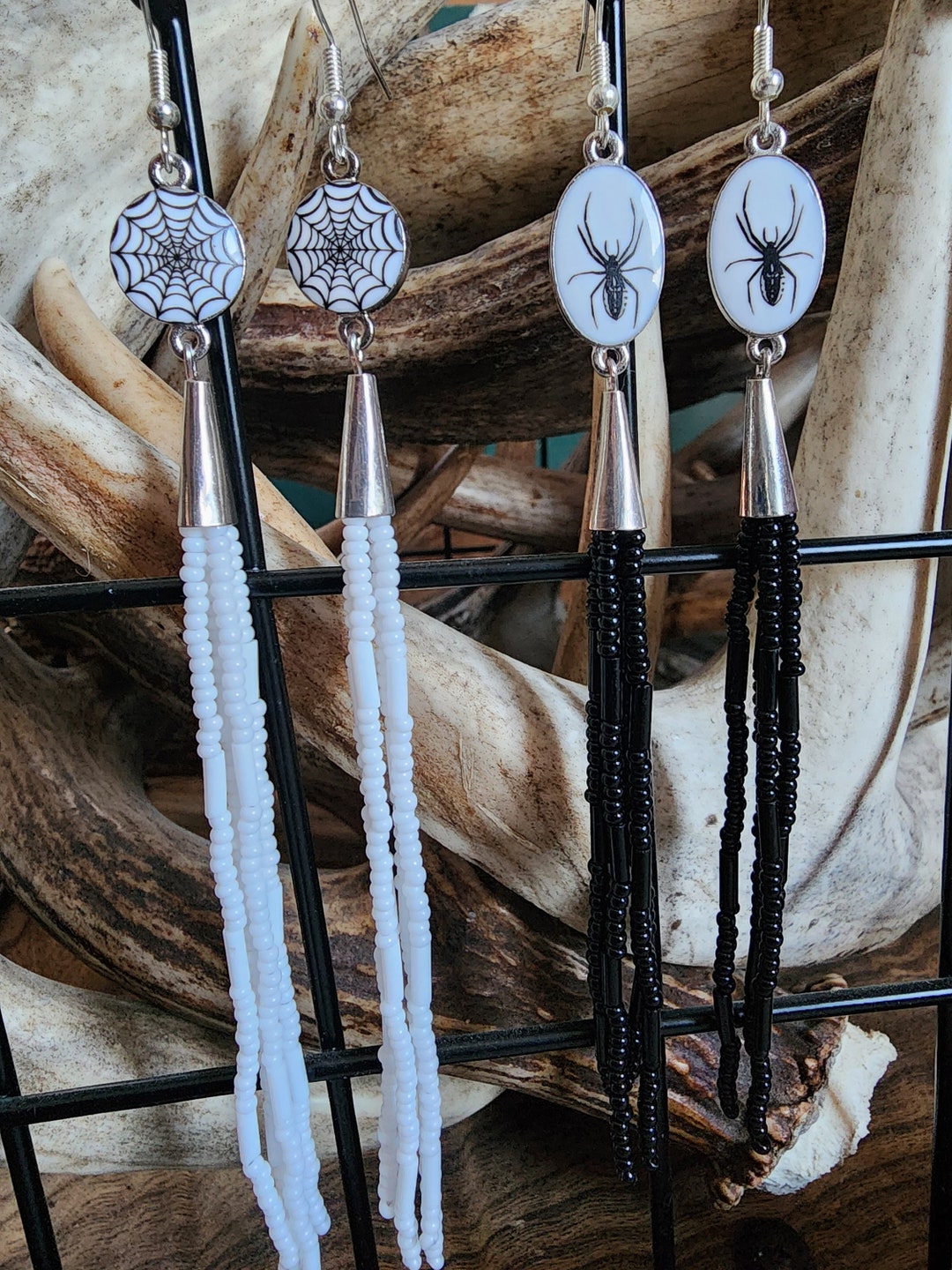 Handmade Fringe Cone Earrings | Spider Web | Spider | Black | White ...