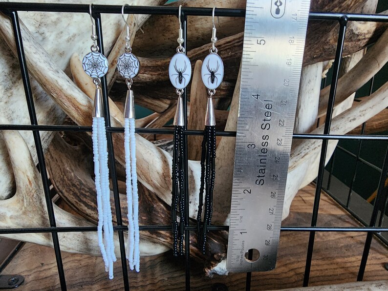 Handmade Fringe Cone Earrings Spider Web Spider Black White Métis ...