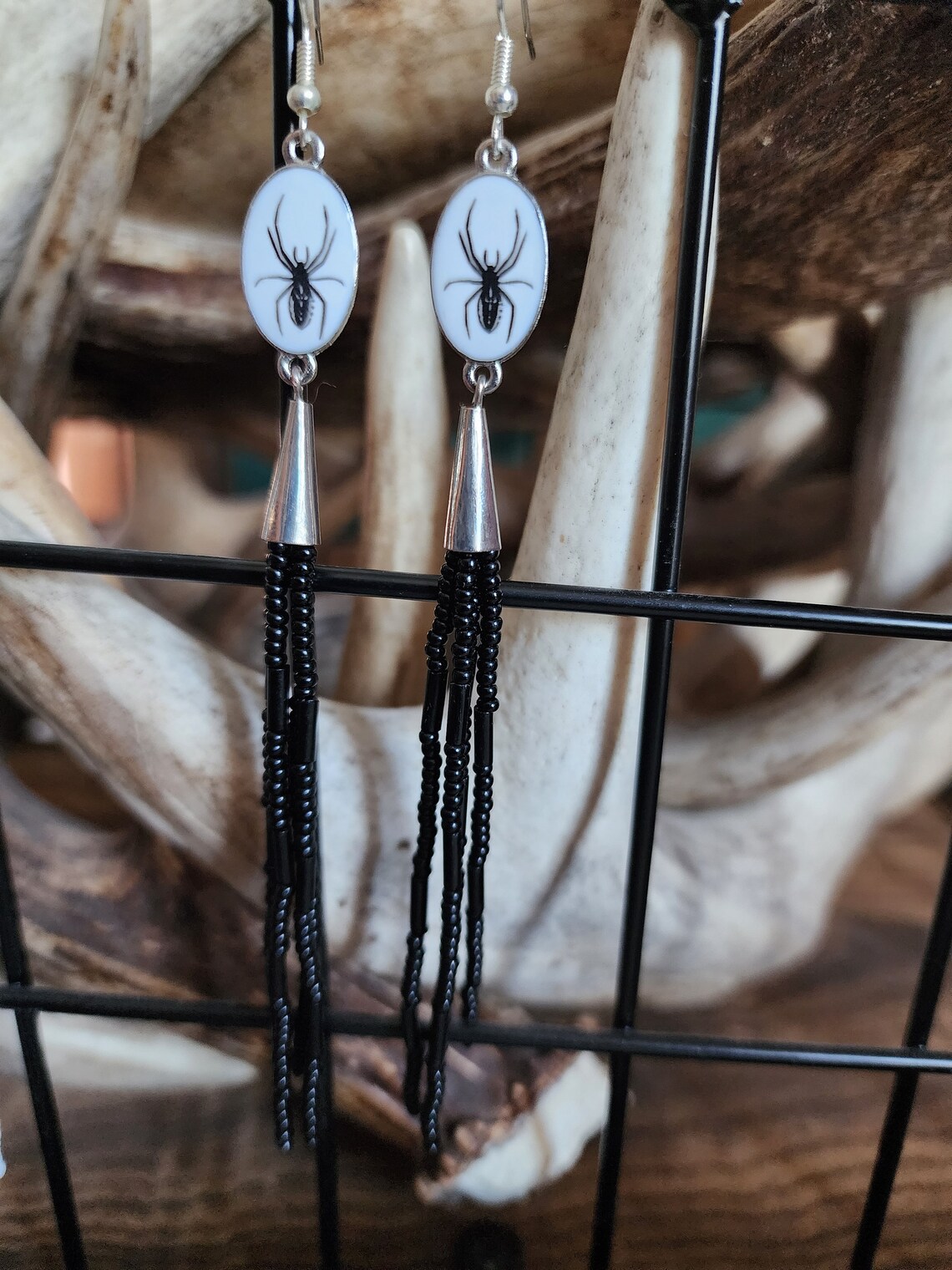 Handmade Fringe Cone Earrings Spider Web Spider Black White Métis ...