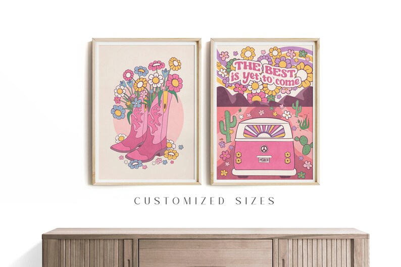 Pink Wall Art Prints Retro Wall Art Prints Set of 2 Trendy - Etsy