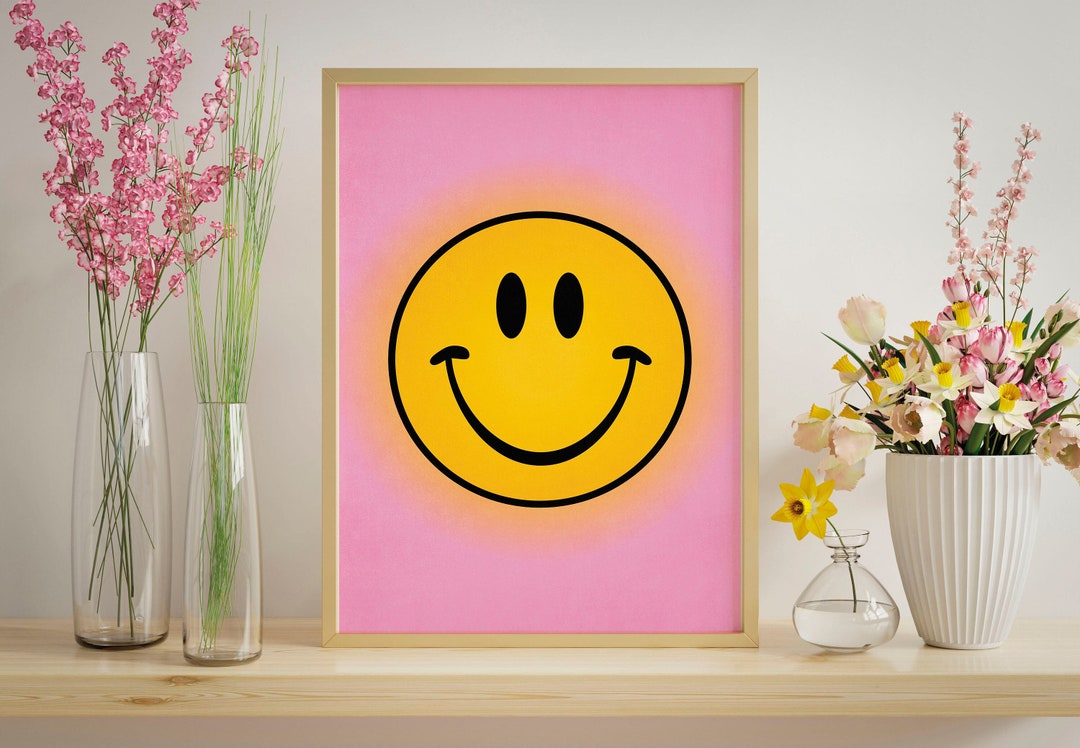 Funky Wall Art Smiley Face Print Download, Trendy Pink Wall Art, Yellow ...