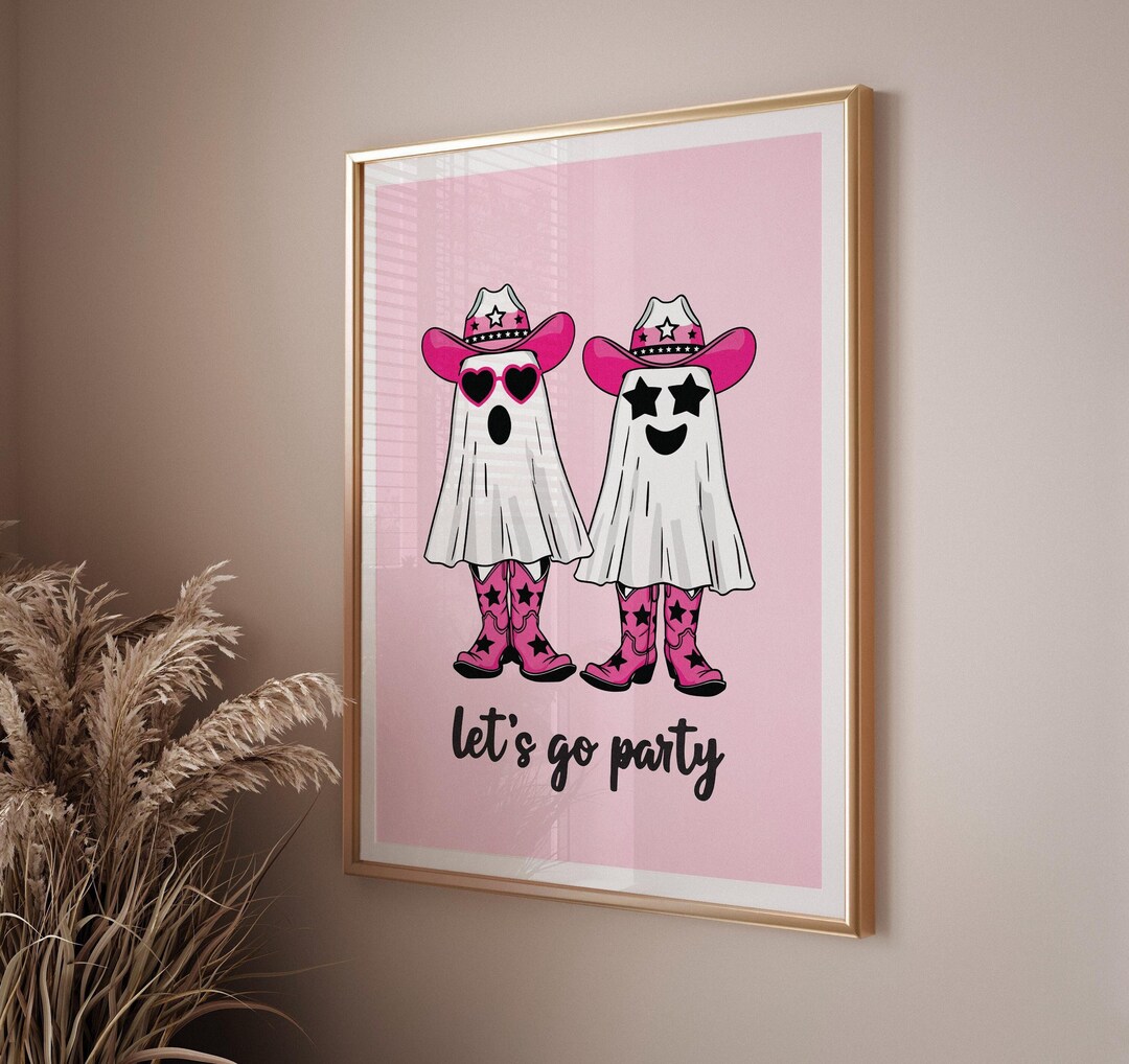 Pink Halloween Print Western Cowgirl, Pink Ghost Cowgirl Halloween Art ...