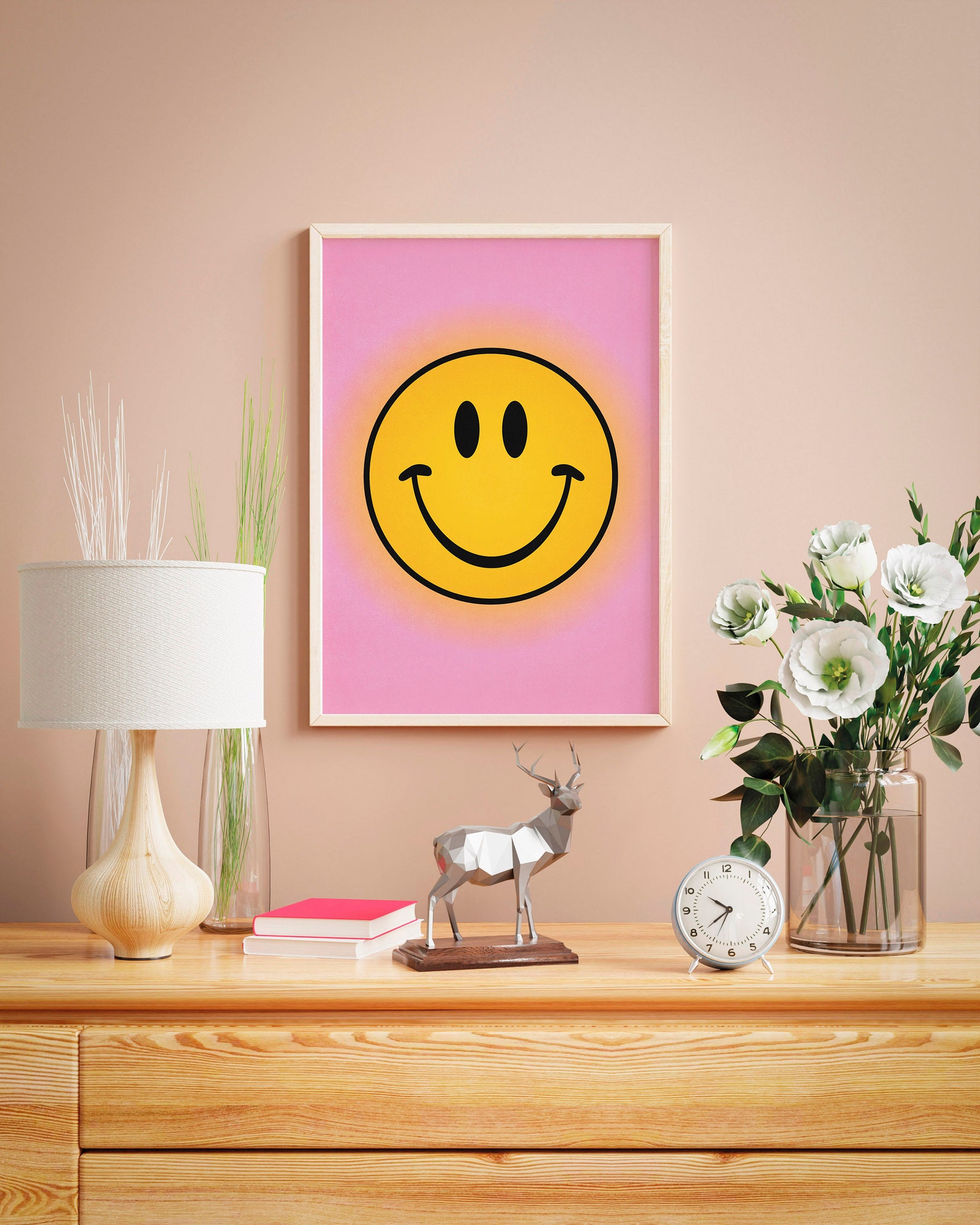 Funky Wall Art Smiley Face Print Download, Trendy Pink Wall Art, Yellow ...