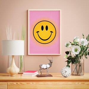 Funky Wall Art Smiley Face Print Download, Trendy Pink Wall Art, Yellow ...