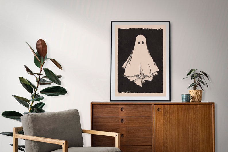 Cute Ghost Decor for Wall, Printable Halloween Poster Vintage, Black ...