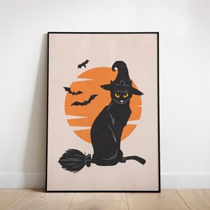 Black Cat Art Halloween Poster, Witch Art Print, Halloween Cat and Moon ...