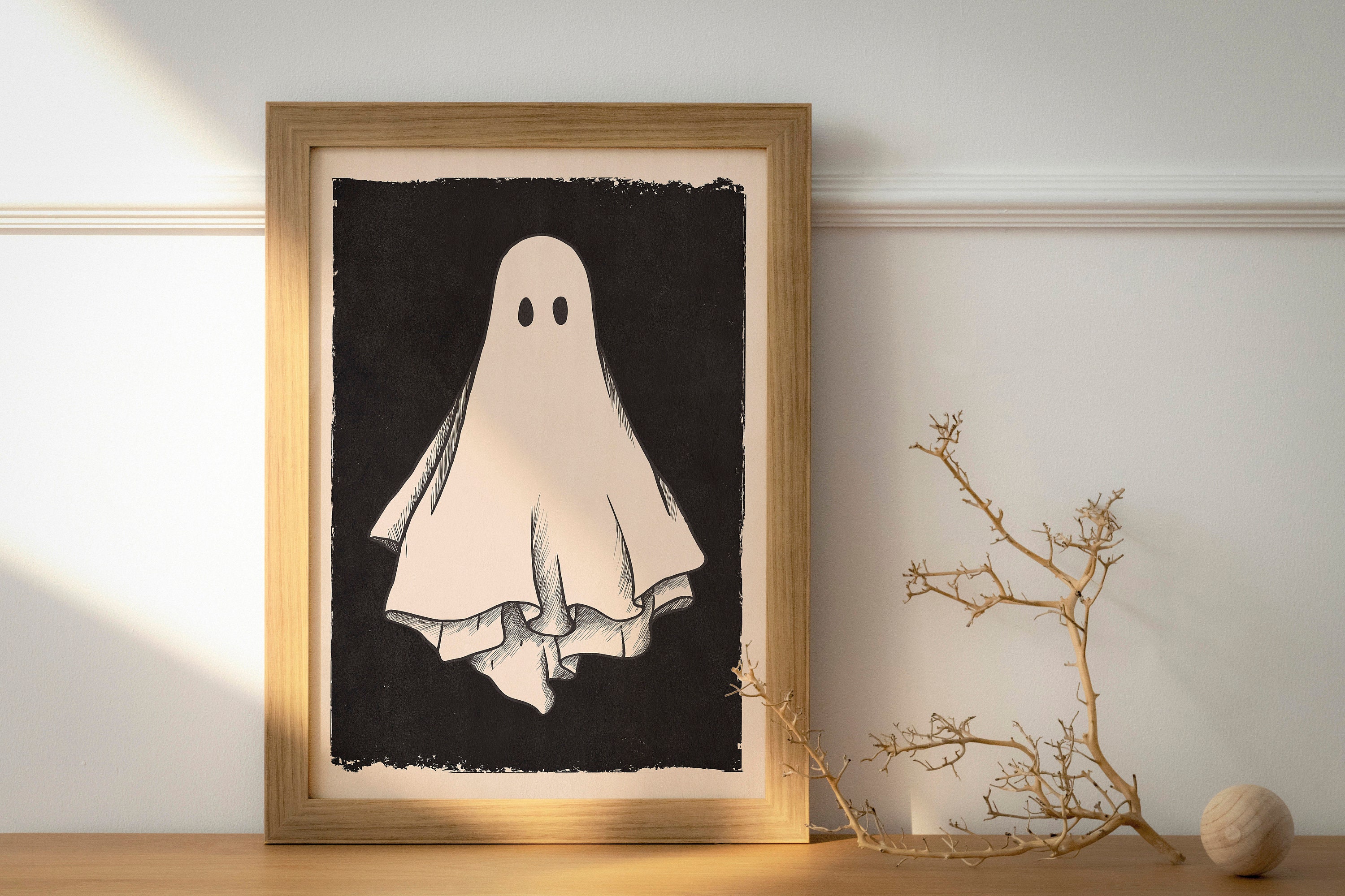 Cute Ghost Decor for Wall, Printable Halloween Poster Vintage, Black ...